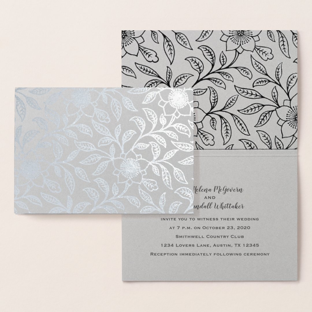Deluxe Foil Silver Floral Wedding Invitation | Zazzle