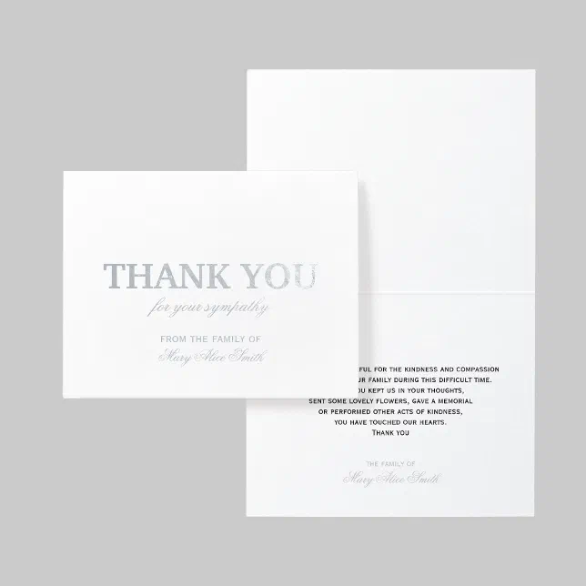 Deluxe Sympathy Thank You Card Silver Foil | Zazzle