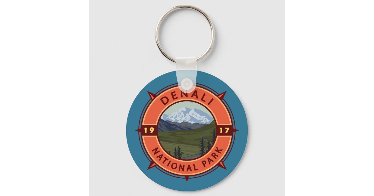 Denali National Park Retro Compass Emblem Keychain | Zazzle