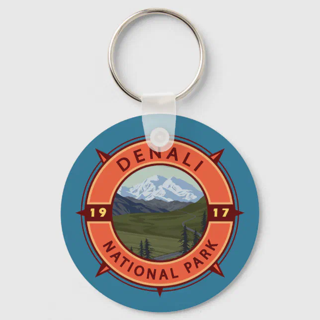 Denali National Park Retro Compass Emblem Keychain | Zazzle