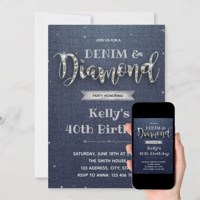 Denim and diamond theme party invitation | Zazzle