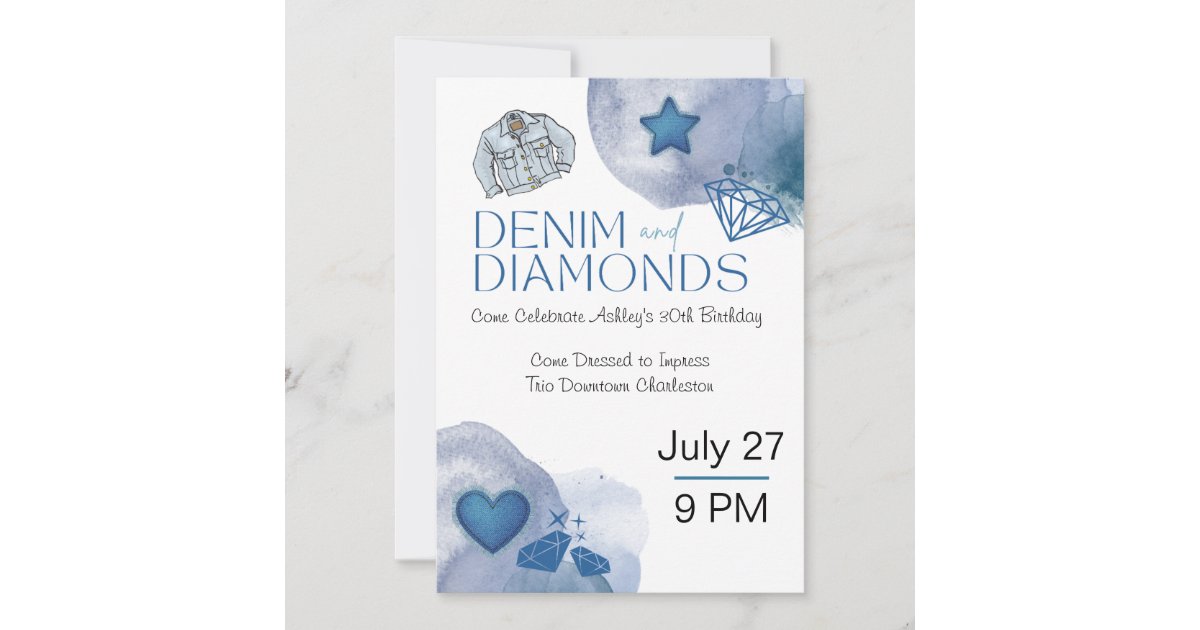 Denim and Diamonds Themed Birthday Party Invitation | Zazzle