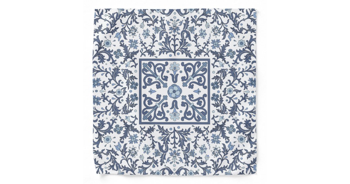 Denim Blue Fancy Graphic Floral Pattern Bandana | Zazzle