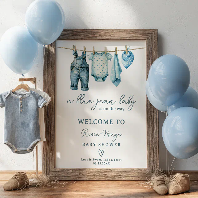 Denim Blue Jean Clothesline Baby Shower Welcome Poster | Zazzle