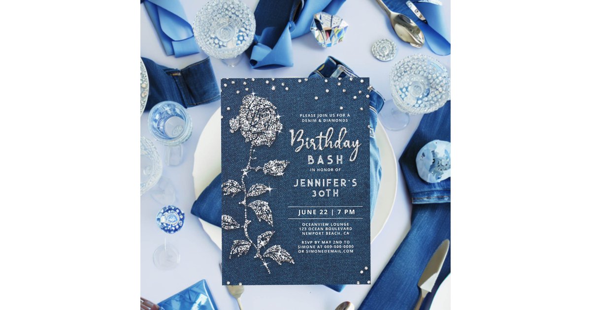 Denim Diamonds Bling Rose Blue Jeans 30th Birthday Invitation | Zazzle
