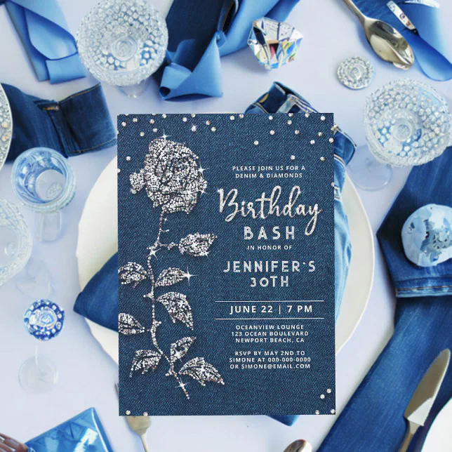 Denim Diamonds Bling Rose Blue Jeans 30th Birthday Invitation | Zazzle