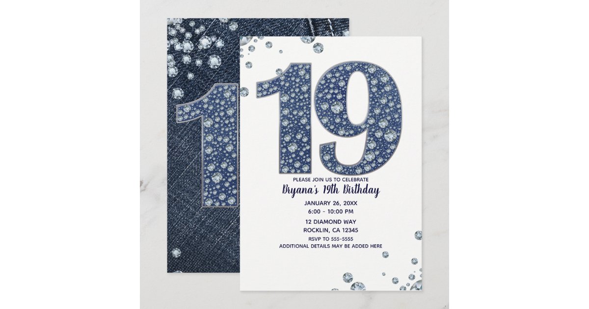 Denim & Diamonds Bling Sparkle 19TH 19 Birthday Invitation | Zazzle