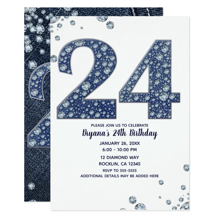 Denim & Diamonds Bling Sparkle 24 24th Birthday Invitation | Zazzle.com