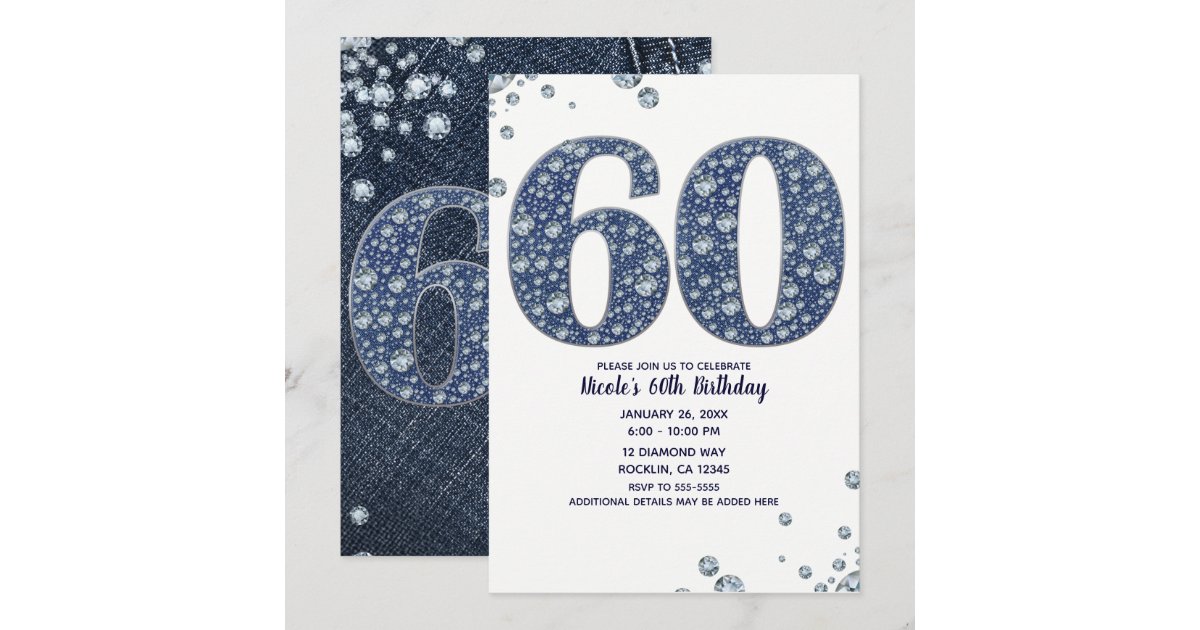 Denim & Diamonds Bling Sparkle 60TH 60 Birthday Invitation | Zazzle