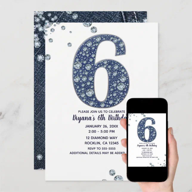 Denim & Diamonds Bling Sparkle 6th 6 Birthday Invitation | Zazzle