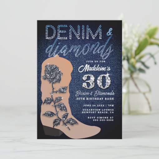 Denim Diamonds Boot Rose Rustic 30 Birthday Party Invitation | Zazzle