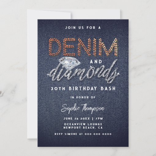 Denim Diamonds Brass Rhinestones Birthday Party Invitation | Zazzle