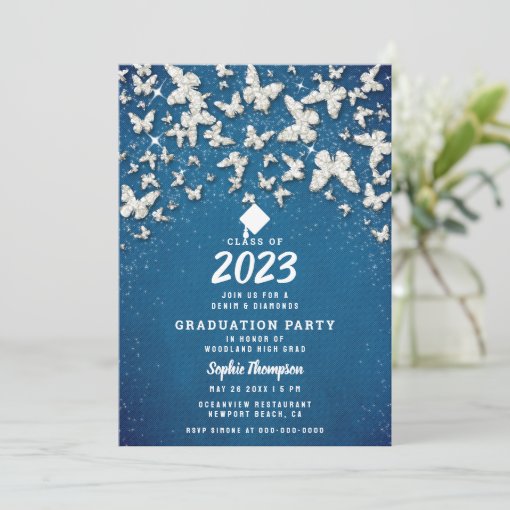 Denim Diamonds Butterflies Blue Graduation Party Invitation | Zazzle