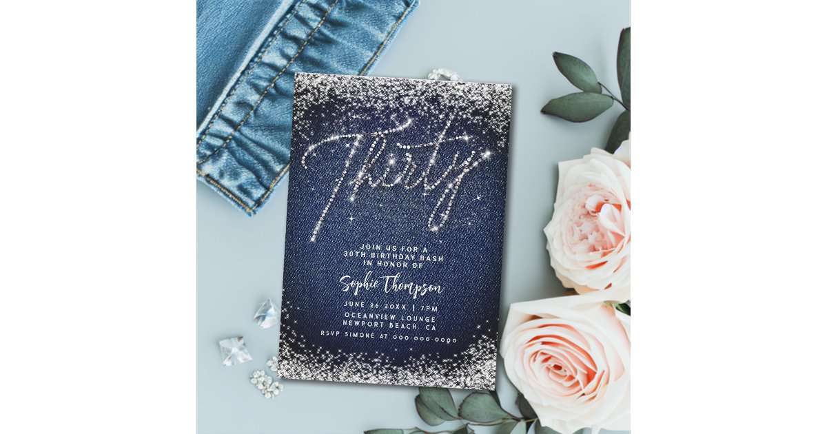 Denim Diamonds Calligraphy 30th Birthday Party Invitation | Zazzle