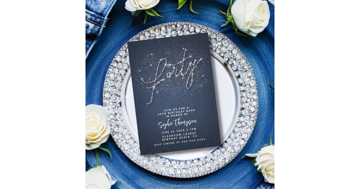Denim Diamonds Calligraphy 40th Birthday Party Invitation | Zazzle