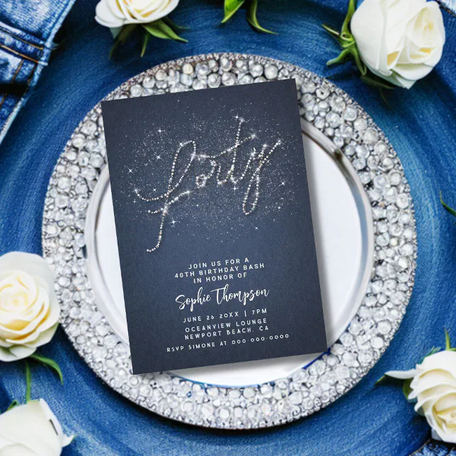 Denim Diamonds Calligraphy 40th Birthday Party Invitation | Zazzle