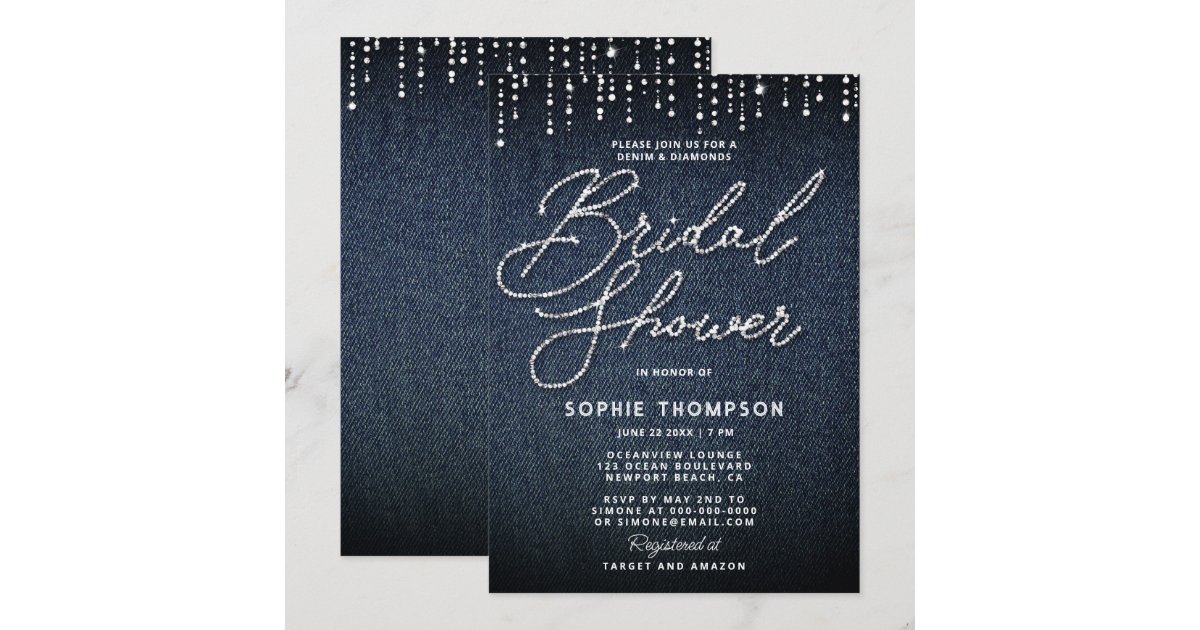 Denim Diamonds Calligraphy Elegant Bridal Shower Invitation | Zazzle