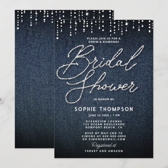 Denim Diamonds Calligraphy Elegant Bridal Shower Invitation | Zazzle