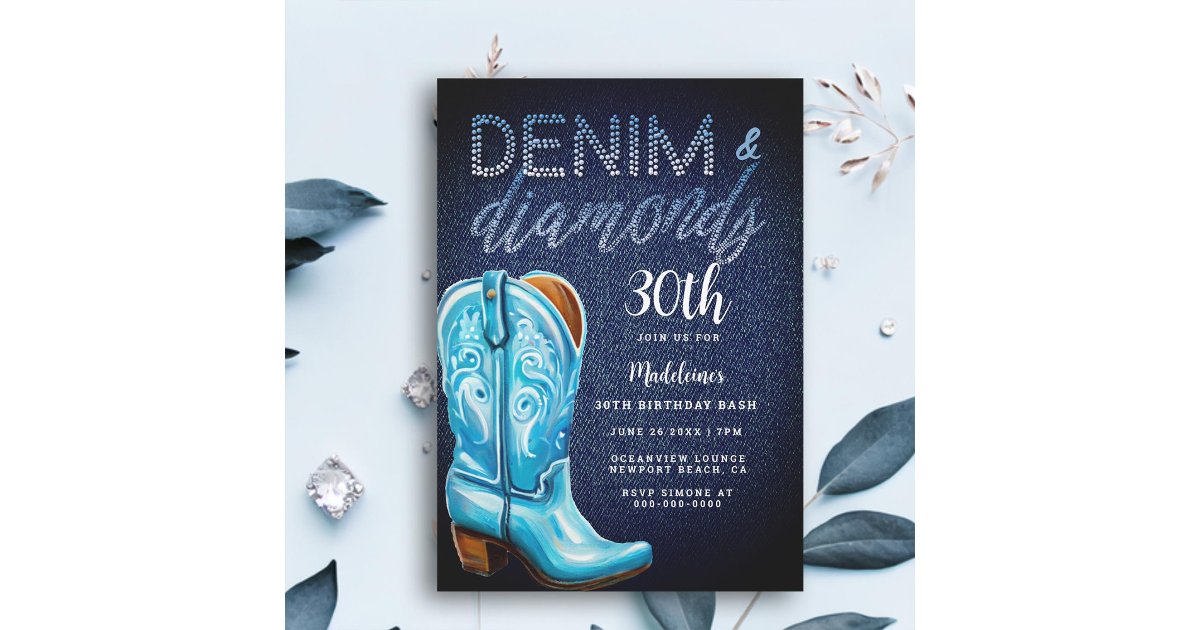 Denim Diamonds Cowgirl Boot Rustic Birthday Party Invitation | Zazzle