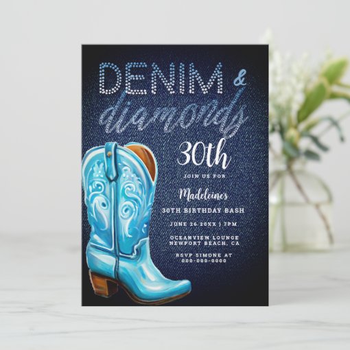 Denim Diamonds Cowgirl Boot Rustic Birthday Party Invitation | Zazzle