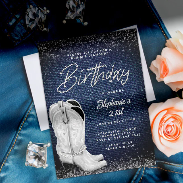 Denim Diamonds Cowgirl Boots Bling 21st Birthday Invitation | Zazzle