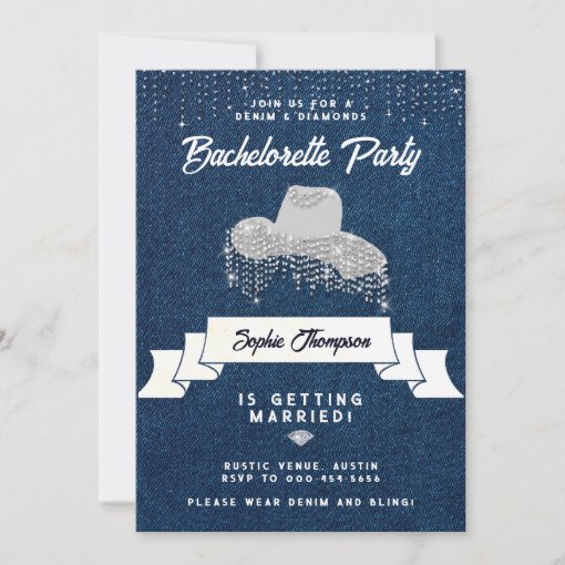 Denim Diamonds Cowgirl Hat Rhinestone Bachelorette Invitation | Zazzle