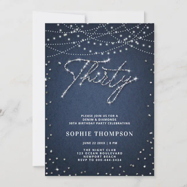 Denim Diamonds Elegant Glitter Blue 30th Birthday Invitation | Zazzle