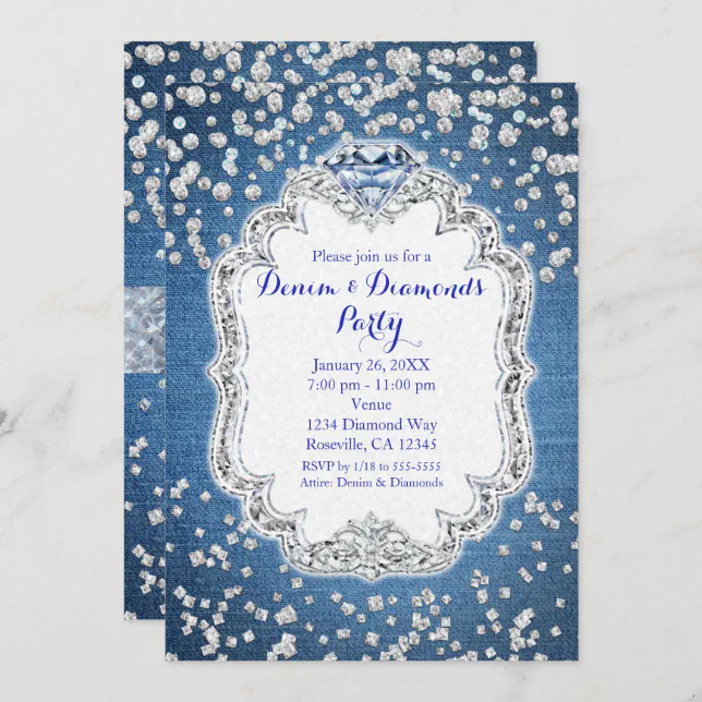 Denim & Diamonds Glam Scattered Bling Invitations | Zazzle
