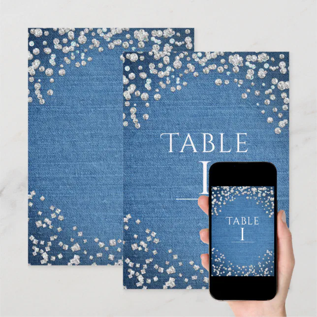 Denim & Diamonds Glam Scattered Bling Table Number | Zazzle