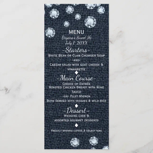 Denim & Diamonds Glamour Chic Event Menu Card | Zazzle