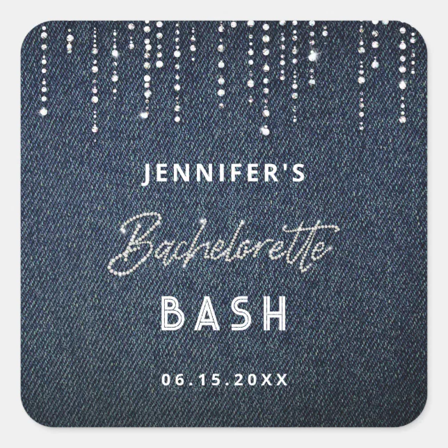 Denim Diamonds Glitter Dripping Bachelorette Party Square Sticker | Zazzle
