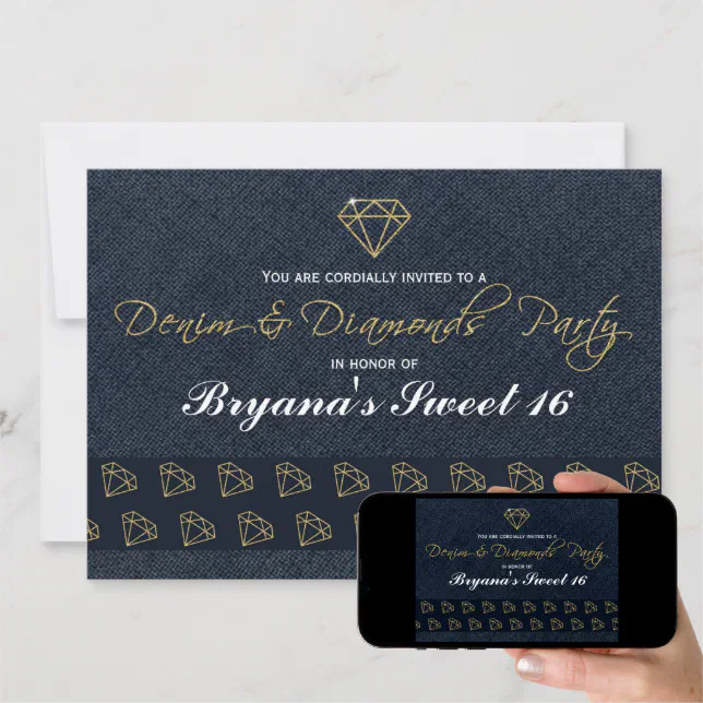 Denim & Diamonds Gold & Blue Glam Party Invitation | Zazzle