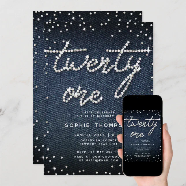 Denim Diamonds Modern Calligraphy 21st Birthday Invitation | Zazzle