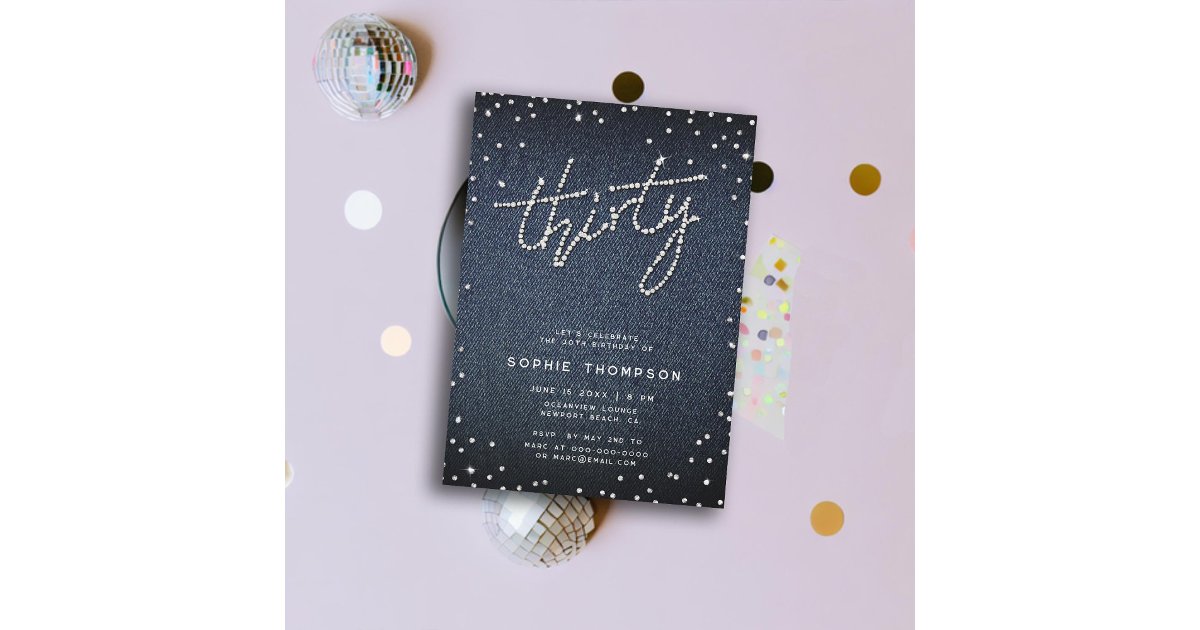 Denim Diamonds Modern Calligraphy 30th Birthday Invitation | Zazzle