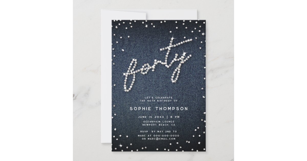Denim Diamonds Modern Calligraphy 40th Birthday Invitation | Zazzle