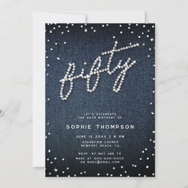 Denim Diamonds Modern Calligraphy 50th Birthday Invitation | Zazzle