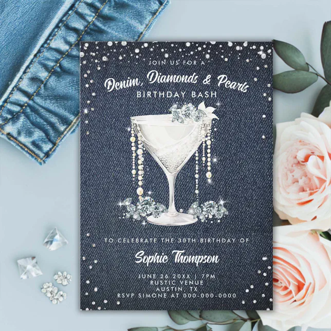 Denim Diamonds Pearls Champagne Cup Birthday Party Invitation | Zazzle