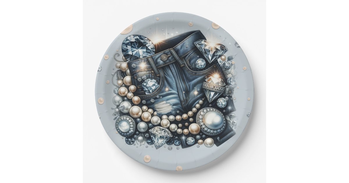 Denim Diamonds & Pearls Jeans Bling Birthday Party Paper Plates | Zazzle