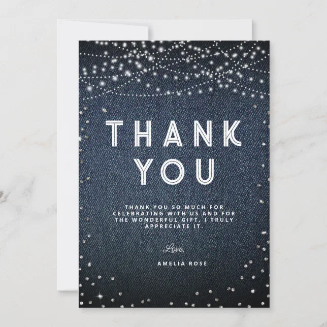 Denim Diamonds Rustic Lights Elegant Blue Jeans Thank You Card | Zazzle