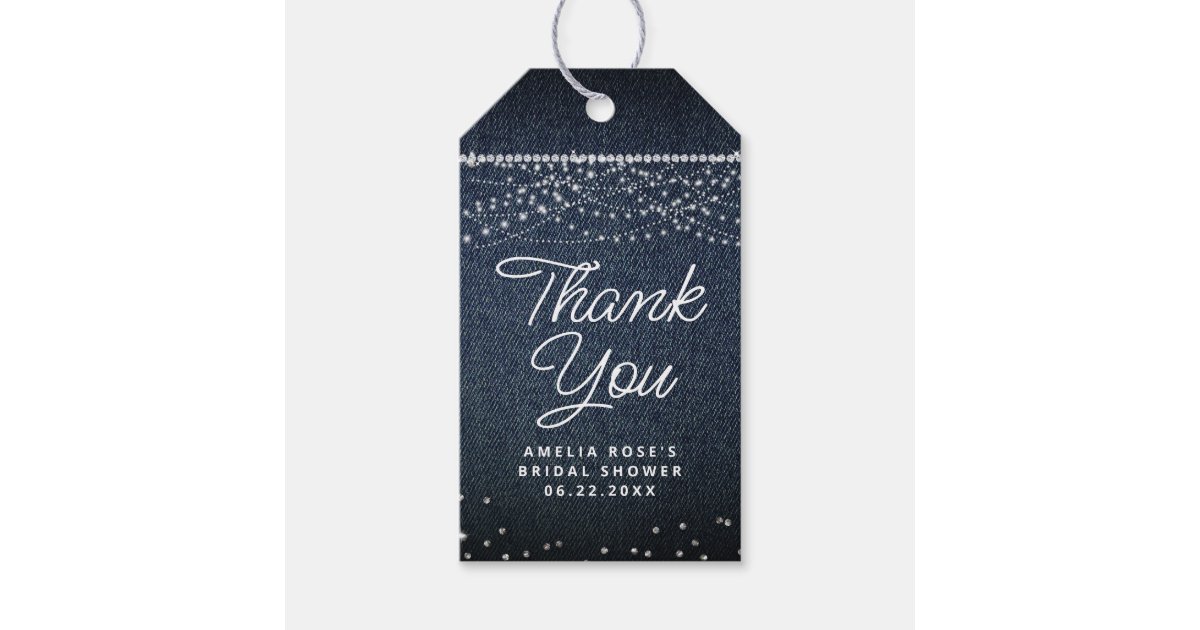 Denim Diamonds Rustic Lights Script Thank You Gift Tags | Zazzle