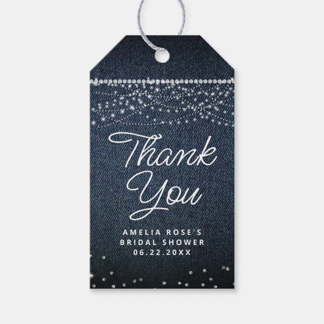 Denim Diamonds Rustic Lights Script Thank You Gift Tags | Zazzle