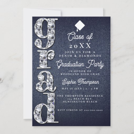 Denim Diamonds Script Blue Jeans Graduation Party Invitation | Zazzle