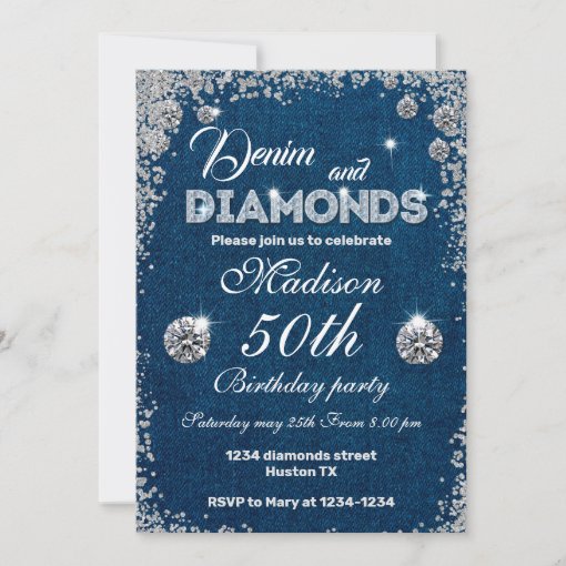 Denim invitation, Denim and Diamonds 50th birthday Invitation | Zazzle