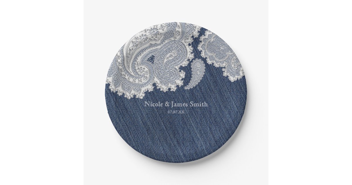 Denim Jean & White Lace Elegant Bridal Wedding Paper Plates | Zazzle