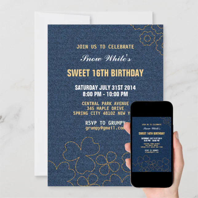 Denim Jeans Floral Pattern Birthday Invitation | Zazzle