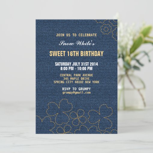 Denim Jeans Floral Pattern Birthday Invitation | Zazzle