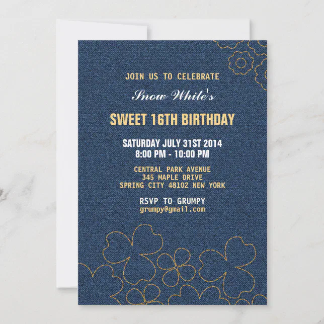 Denim Jeans Floral Pattern Birthday Invitation | Zazzle