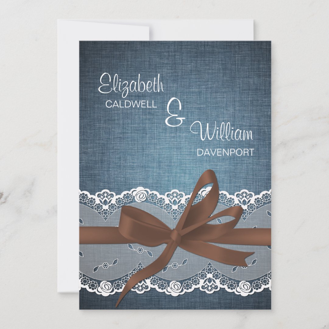 Denim Lace Ribbon & Bow Wedding Invitation | Zazzle