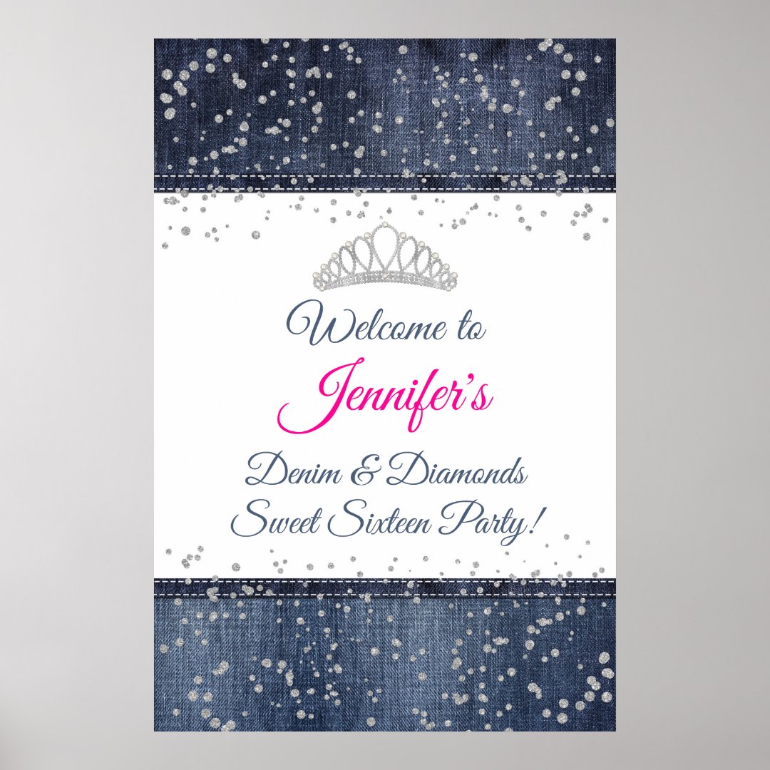 Denim, Silver Confetti, Diamond Tiara Welcome Sign | Zazzle