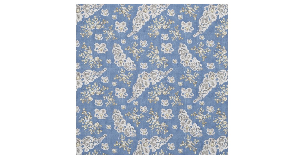 Denim Textured Lace and Pearls Fabric | Zazzle